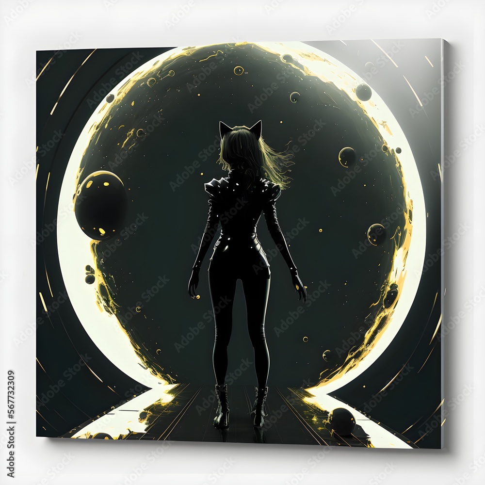cat girl in shiny black latex walking floating space portal Stock ...