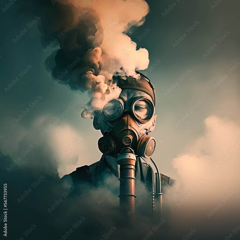 A person wearing gas mask in a smoky background. Chemical war, nuclear ...