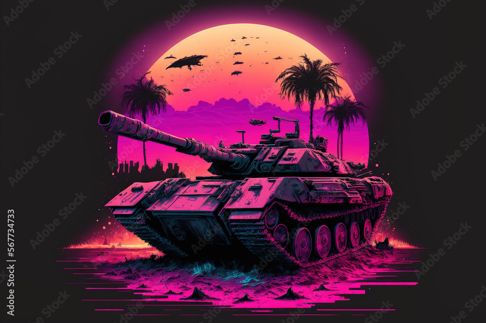 Military armor tank illustrated in retro neon light and vaporwave ...