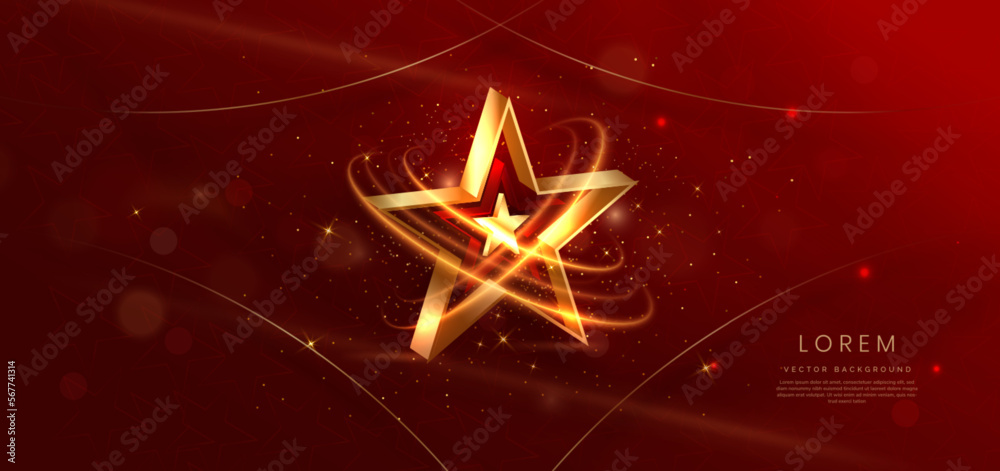 3D golden star with golden on red background with lighting effect and sparkle. Template luxury ...