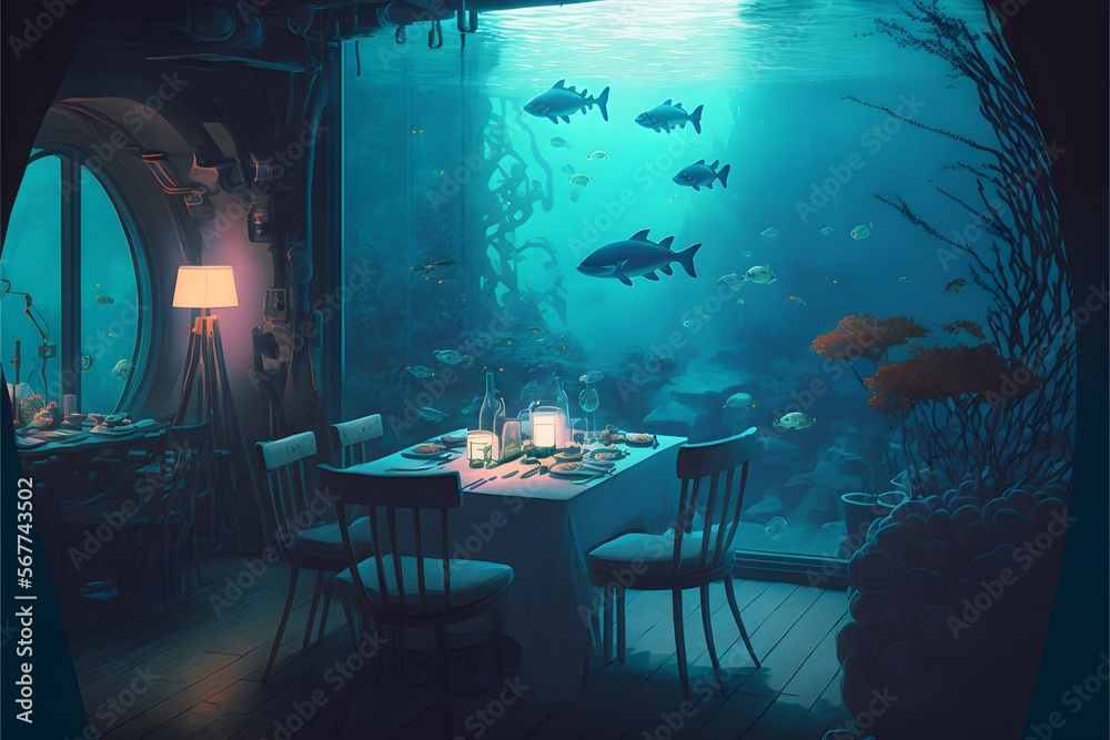interior of an underwater restaurants created using Generative AI ...