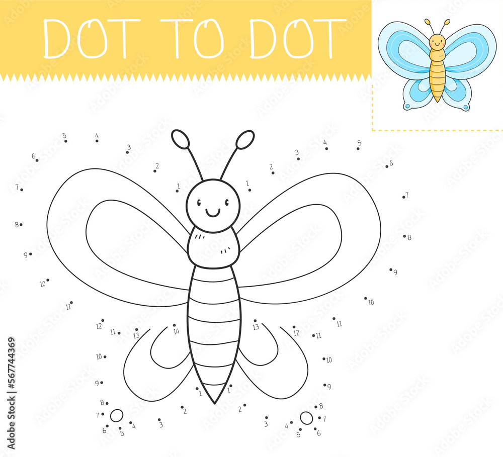 Dot to dot game coloring book with butterfly for kids. Coloring page ...