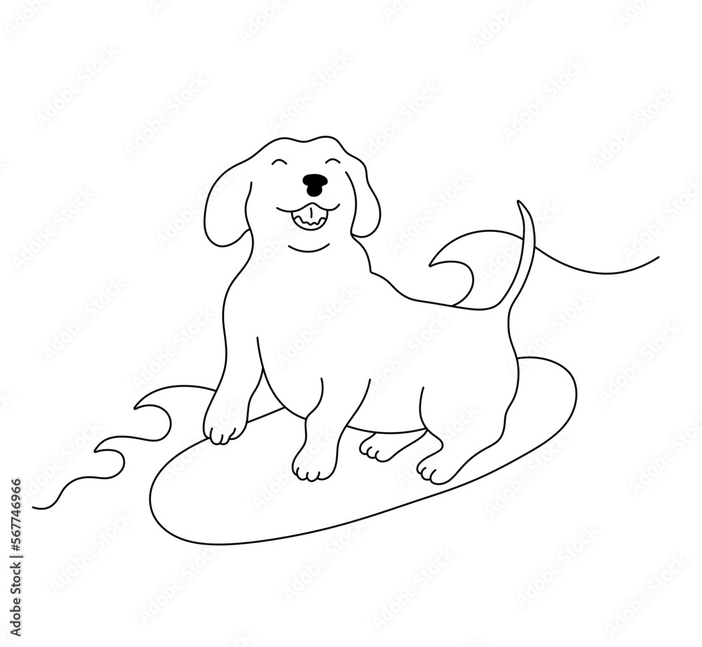 Vector isolated cute cartoon funny surfing dog on board on waves ...