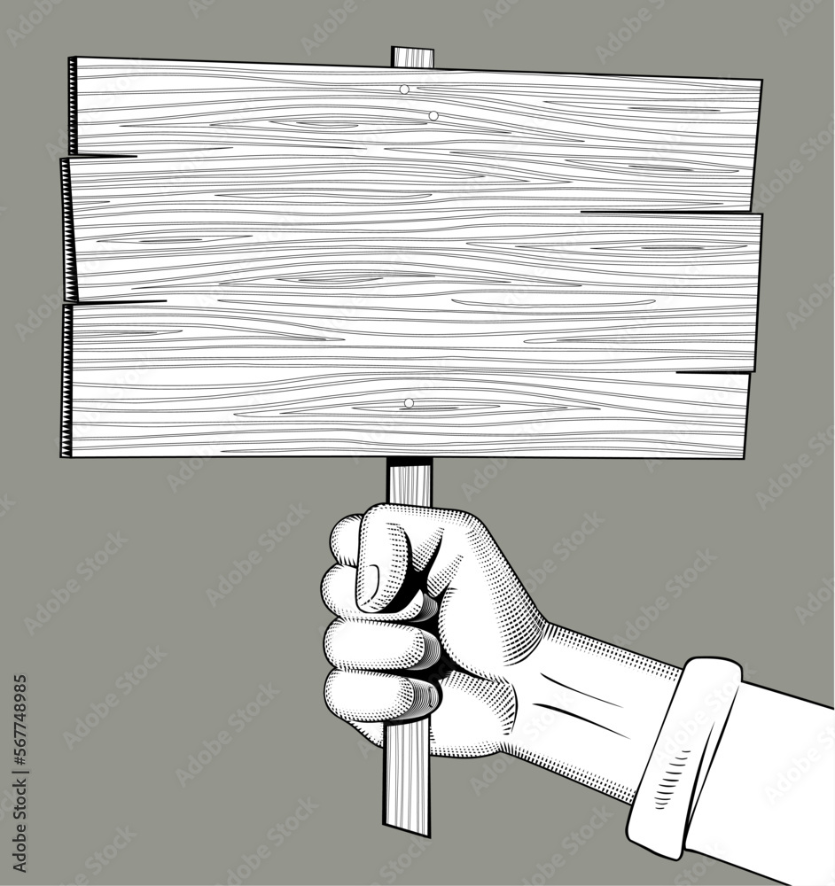 Hand holding a wood signboard. Vintage engraving stylized drawing ...