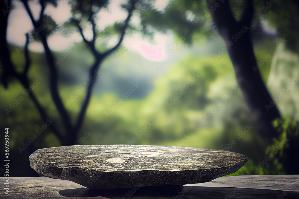 Empty stone table for product advertising display in fresh green jungle ...