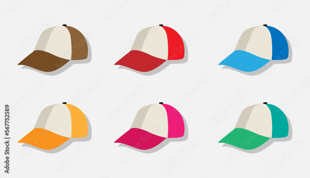 Baseball cap. Collection of various caps. Blue, white, pink and red ...