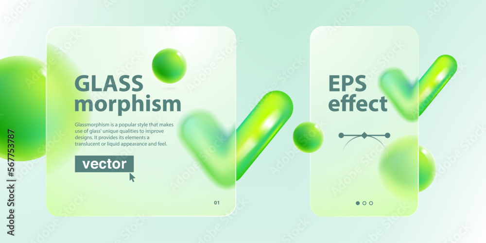 Cards screens in glassmorphism effect with checkmark icon and green ...