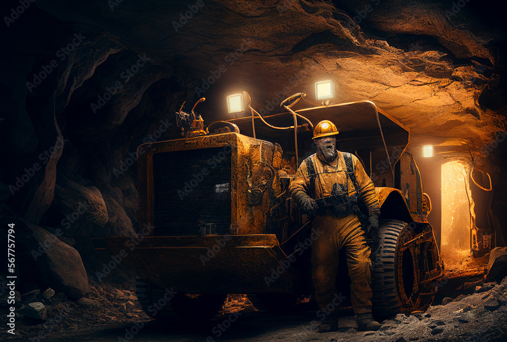 Underground mining. Coal mining in mine. Miner in underground mine on coal mining work. Mine ...