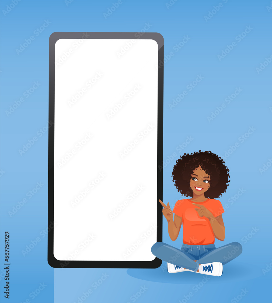 Young beautiful woman pointing to the huge blank phone screen sitting ...