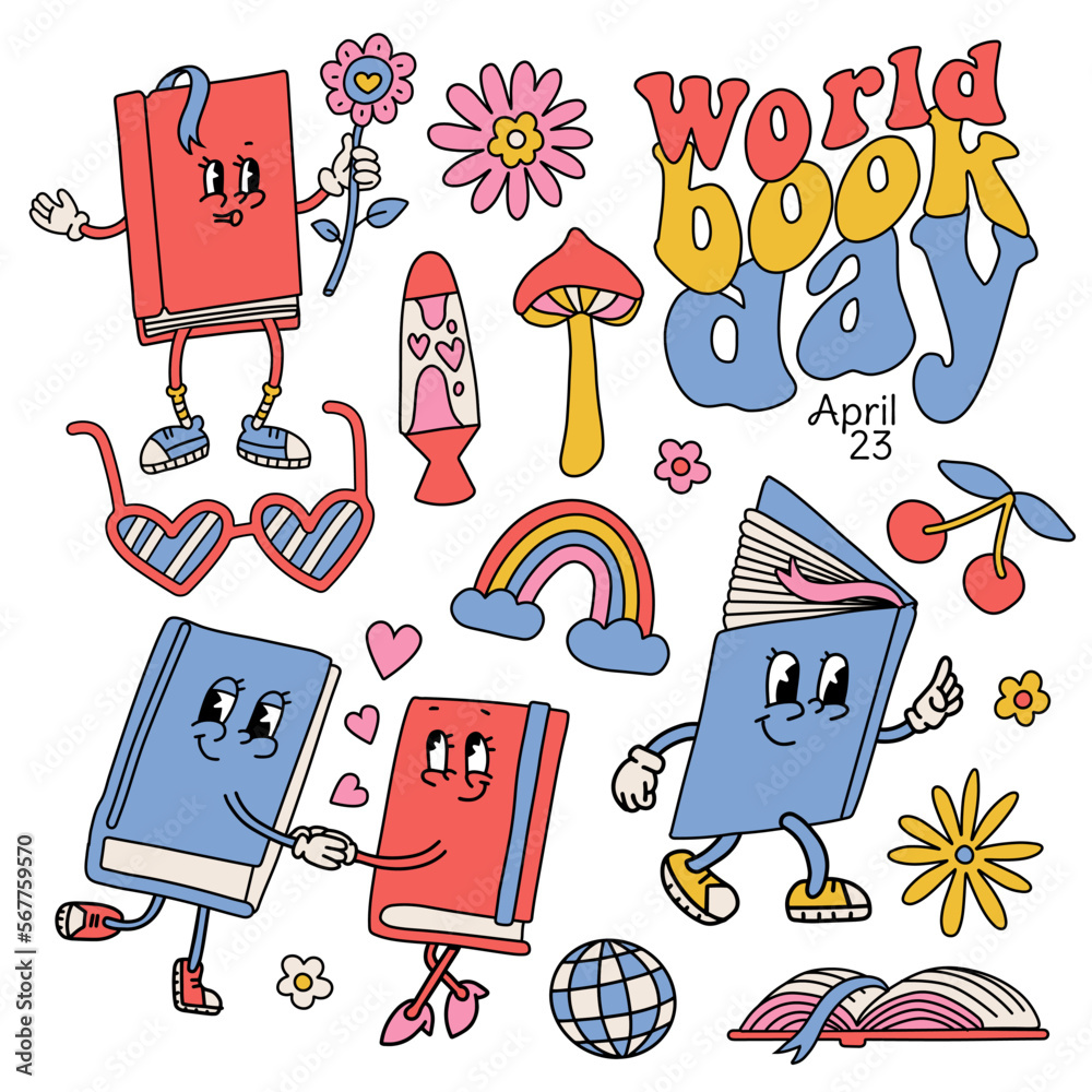 Groovy retro cartoon book characters set for World Book Day, Collection ...