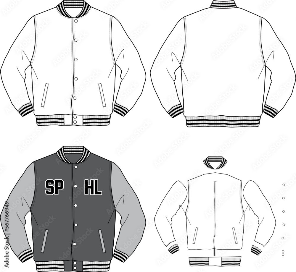 VARSITY JACKET SPORT TEAM JACKET FLAT MOCKUP FASHION DESIGN CAD ...