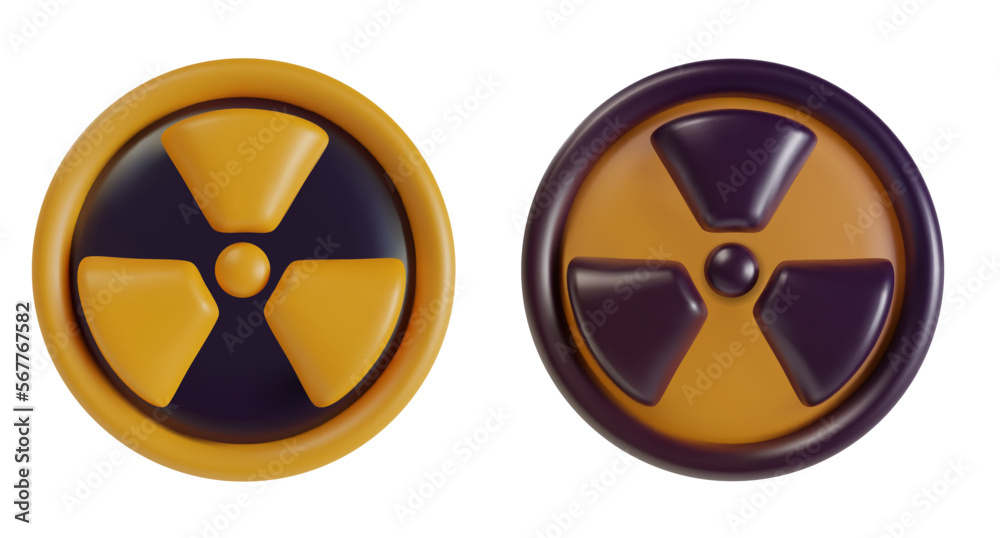 Set 3d cartoon radioactive hazard sign in realistic funny colorful ...