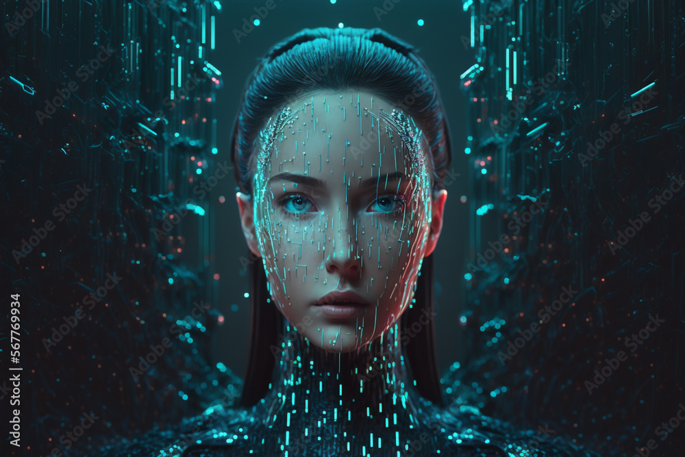 fictional person, representing artificial intelligence, with green codes and computer components ...