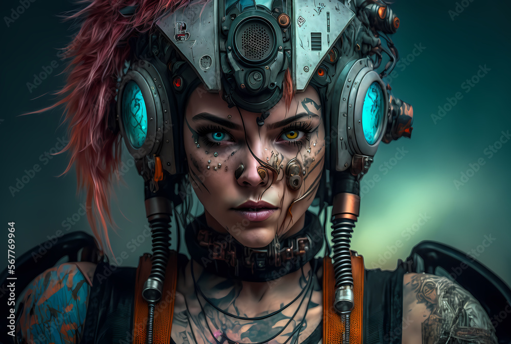 Cyberpunk woman with some lenses that assemble a futuristic VR unit ...