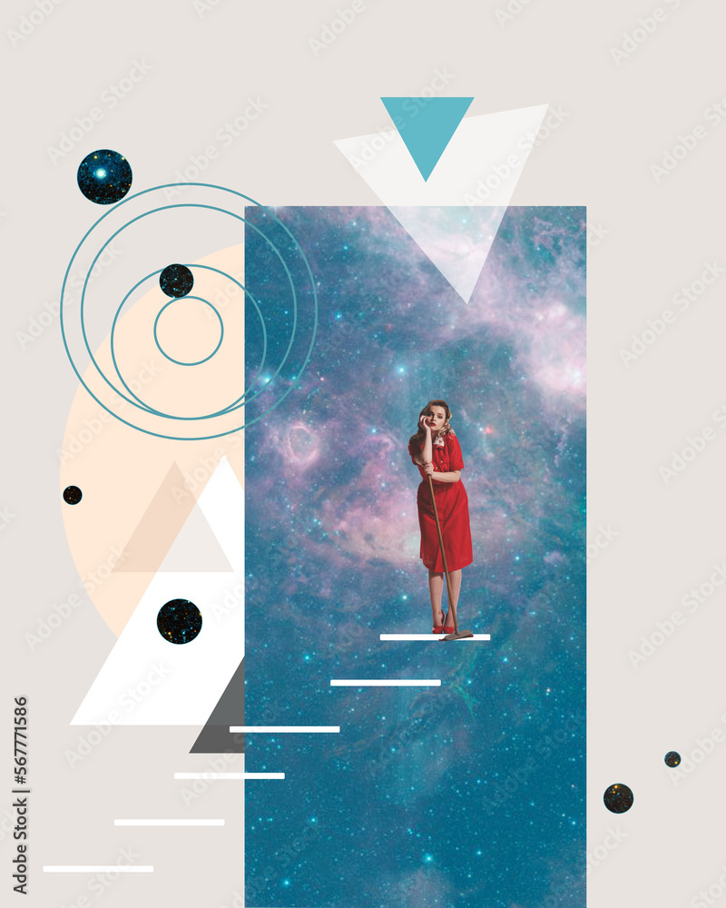 Contemporary art collage. Beautiful woman standing with mop over outer ...