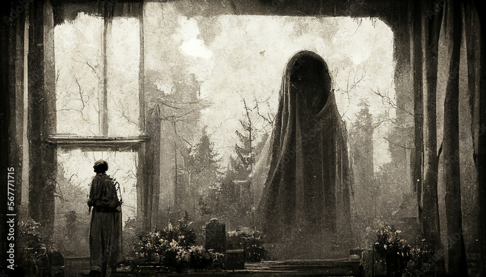 Horor movie scene. A man stands in a house and sees a huge woman in a ...