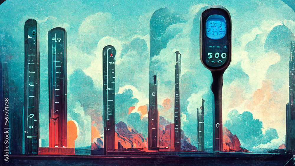 Abstract surreal huge thermometer showing the temperature in the city. Cyberpunk style ...