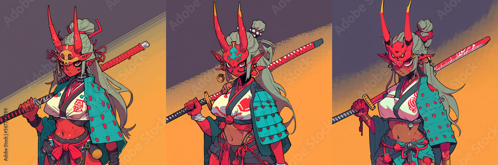 Portraits of a samurai devil girl. Retro anime style illustration on a ...