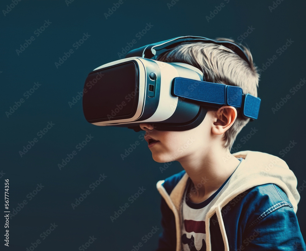 Little kid boy wearing headset of vr on eyes , watching something ...