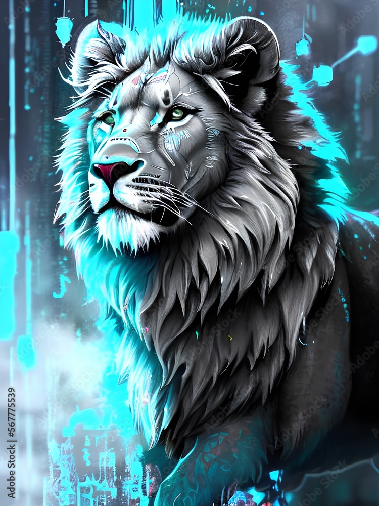Gray lion in the blue neon light . Illustrations and Clip Art AI ...