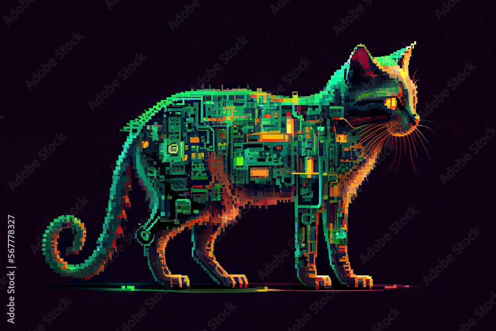 Create a futuristic cyberpunk-style cat with pixel art-style mechanical ...