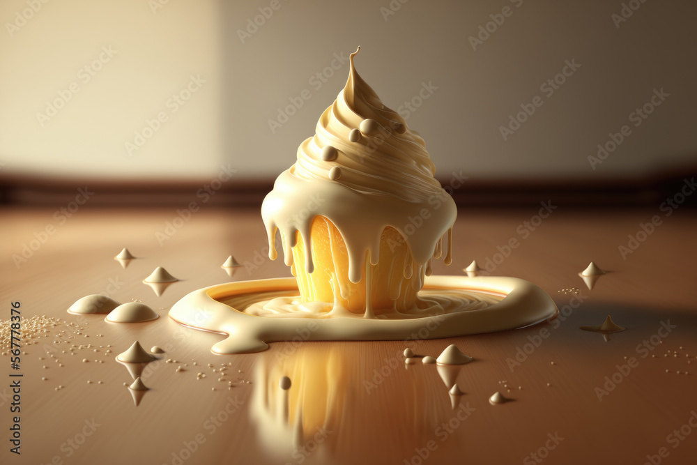Scoops of ice cream melting and dripping from the heat. AI generative ...