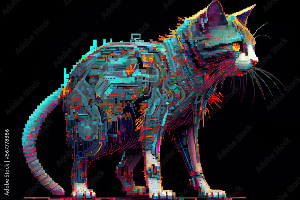 Create a futuristic cyberpunk-style cat with pixel art-style mechanical ...