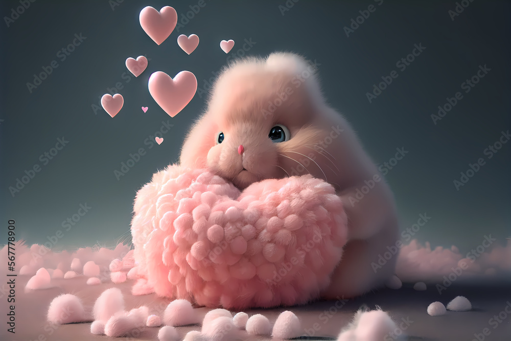 super cute and fluffy pink bunny built a valentines heart with pink ...