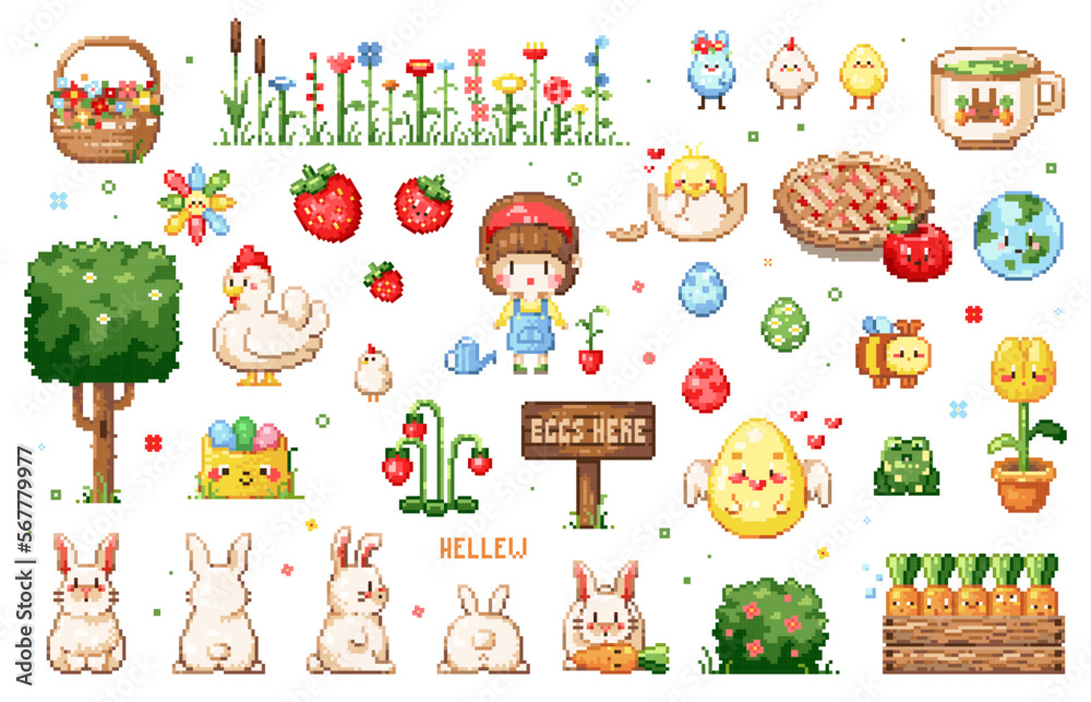 Vetor de Pixel art cute spring clip art pack. 8 bit vintage video game ...