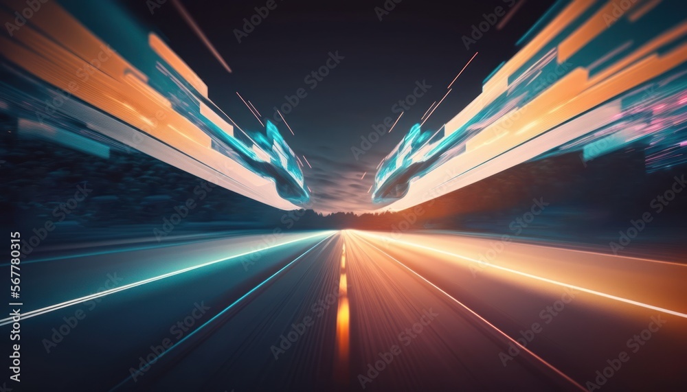 Speeding Sports Car On Neon Highway. Powerful acceleration of a ...