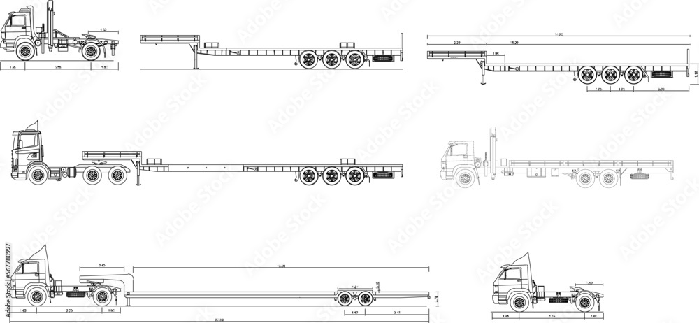 Sketch vector illustration of a freight trailer truck with size scale ...