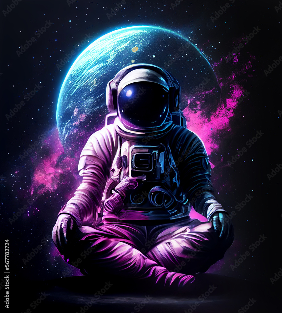 3D illustration of science fiction space suited figure in yoga lotus ...