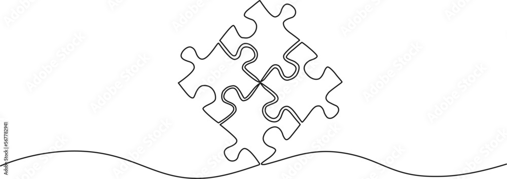 continuous single line drawing of four puzzle pieces fitting together ...