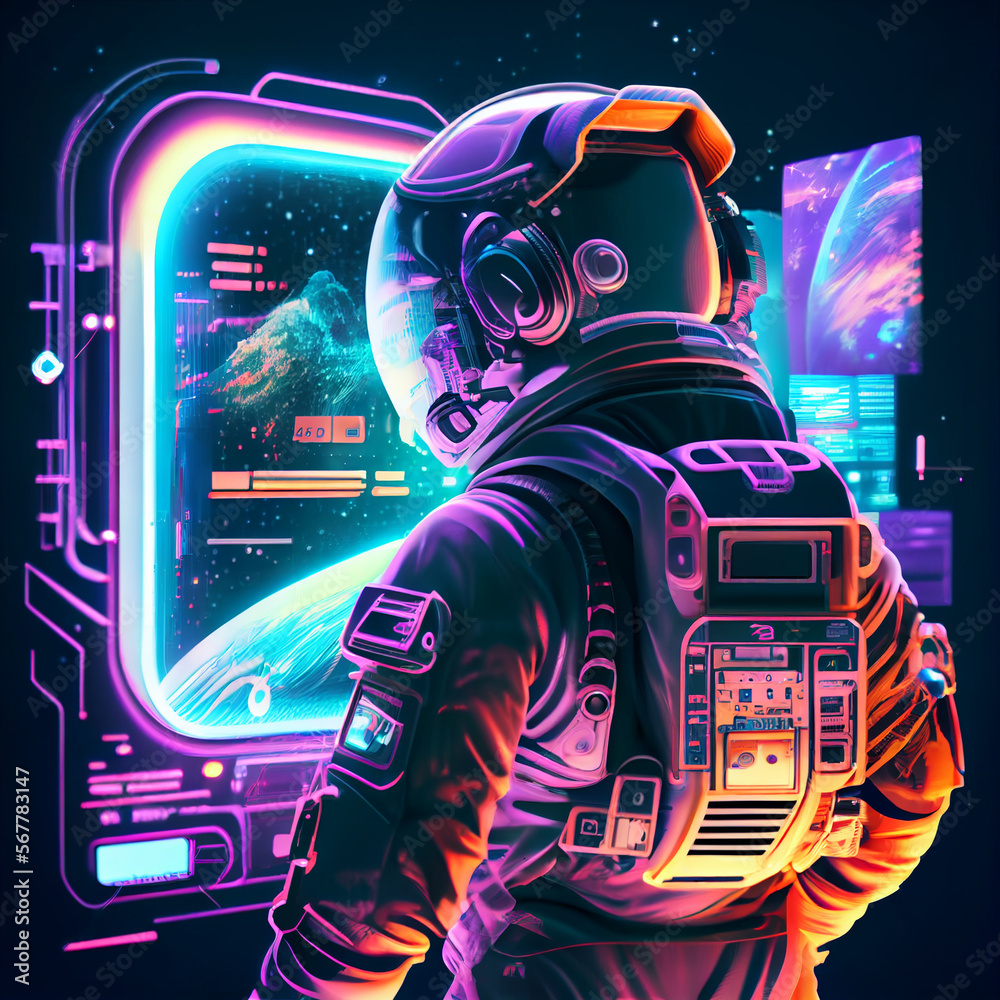 Retrowave Neon illustration of space suit wearing male figure accessing ...