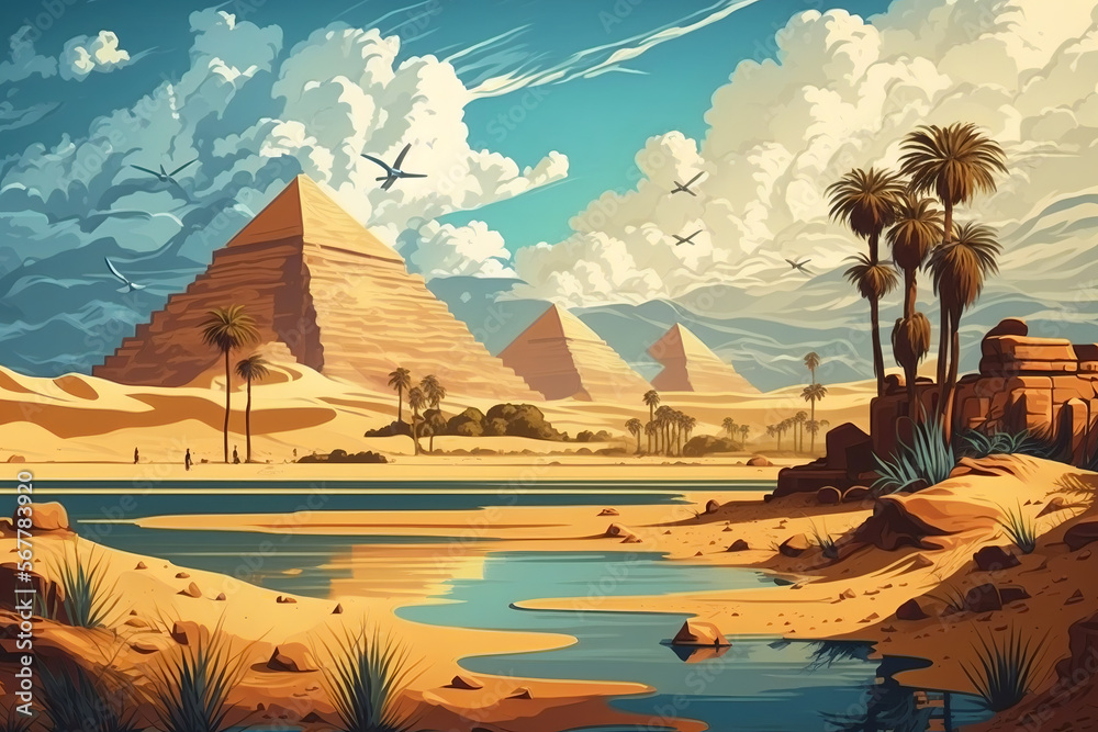 Egyptian desert with river and pyramids. Landscape with yellow sand ...