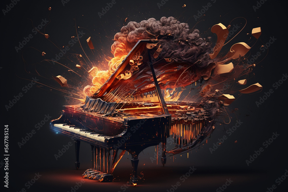 Exploding grand piano bursting with fire and smoke, Generative AI Stock ...
