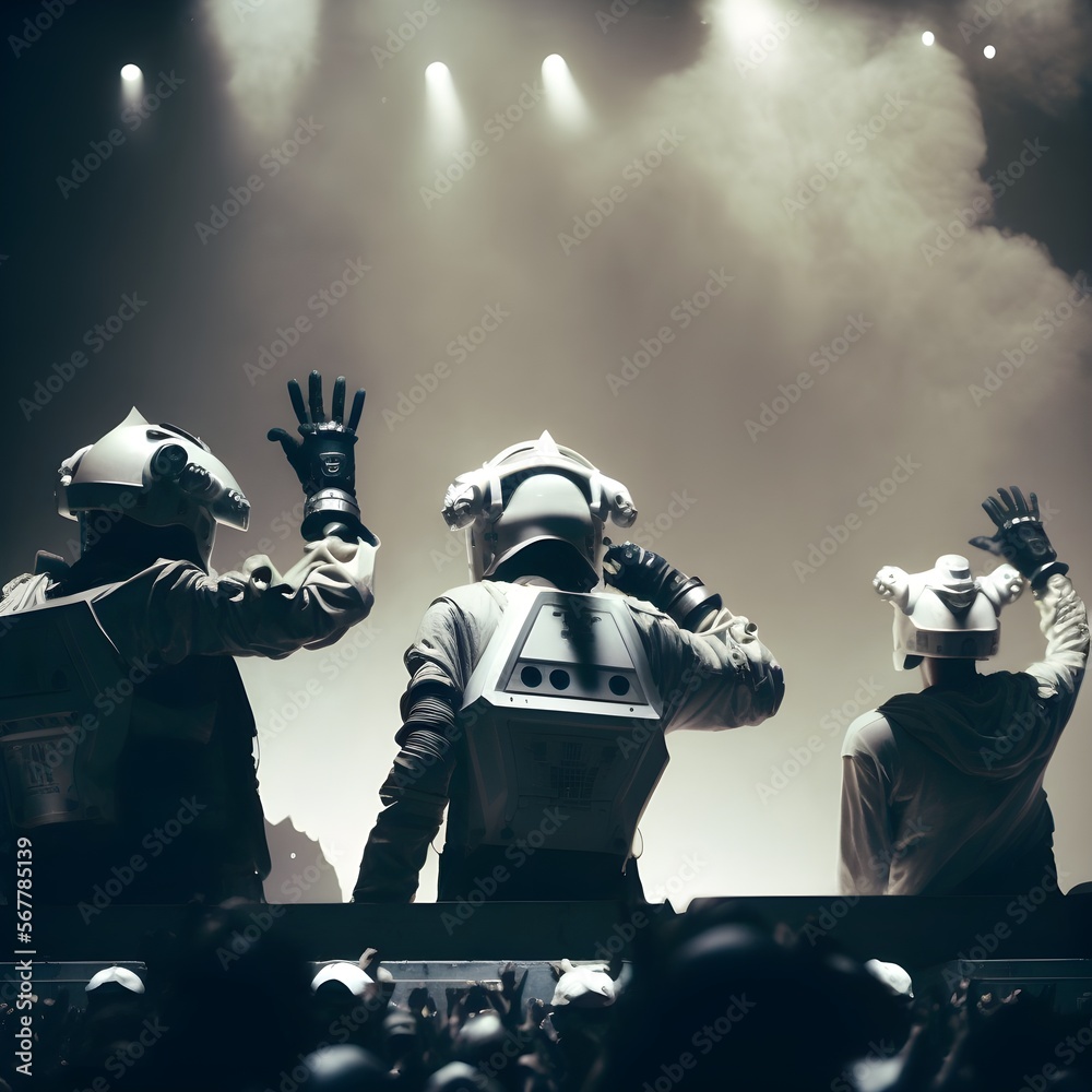 hyperdetailed minimalist shot of hip hop band of cyborgs saluting the ...