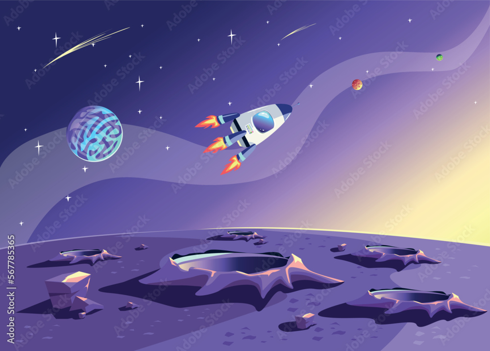 The rocket flies over the surface of the planet in craters against the ...