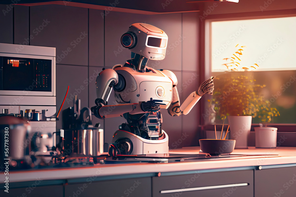 Robot chef cooking in kitchen of future home genius, smart robot ...