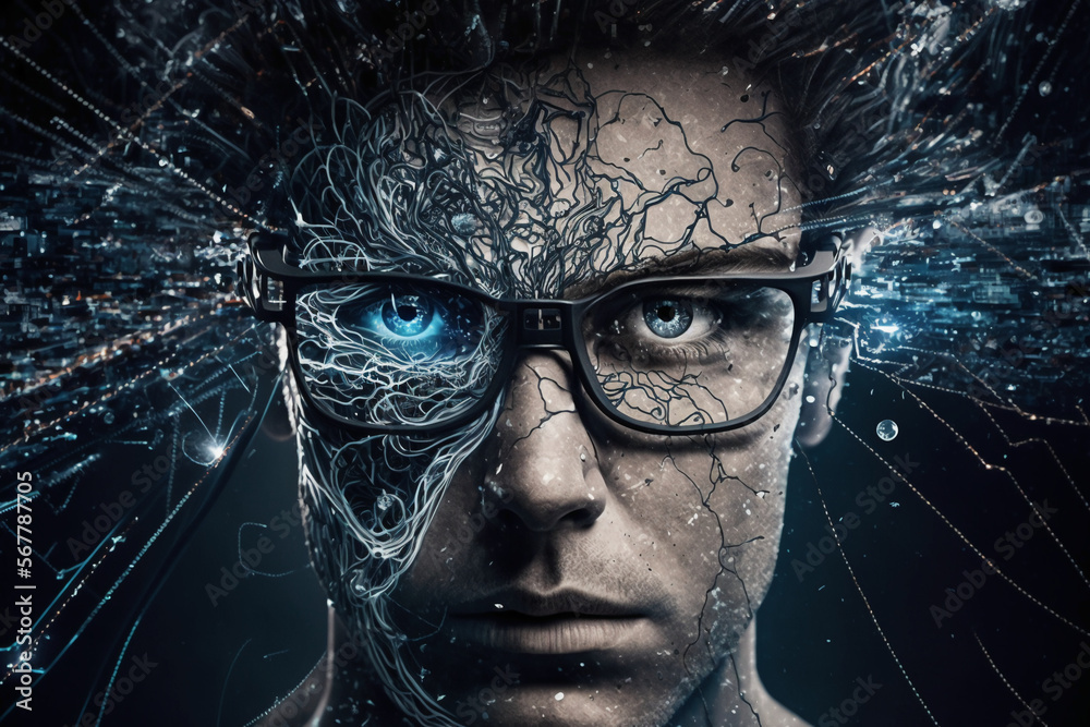 Kunstliche Intelligenz mit Kabeln im Gesicht . Non-existent person in ...