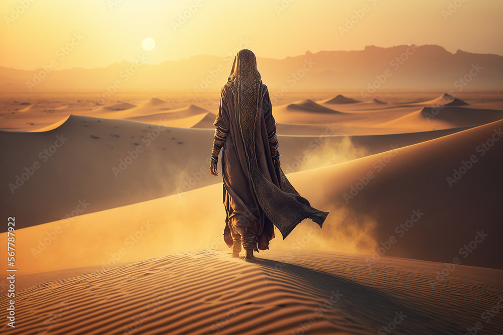 Arabian woman walking in the desert. Sunny sky and sand dunes ...
