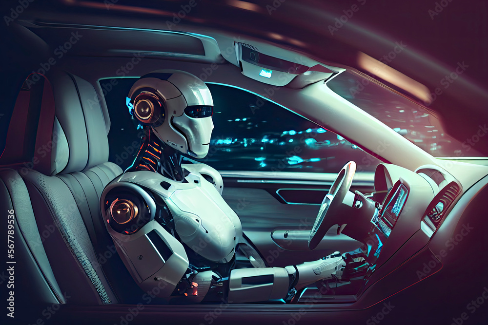 Humanoid robot driving autonomous car, future technology concept Stock ...
