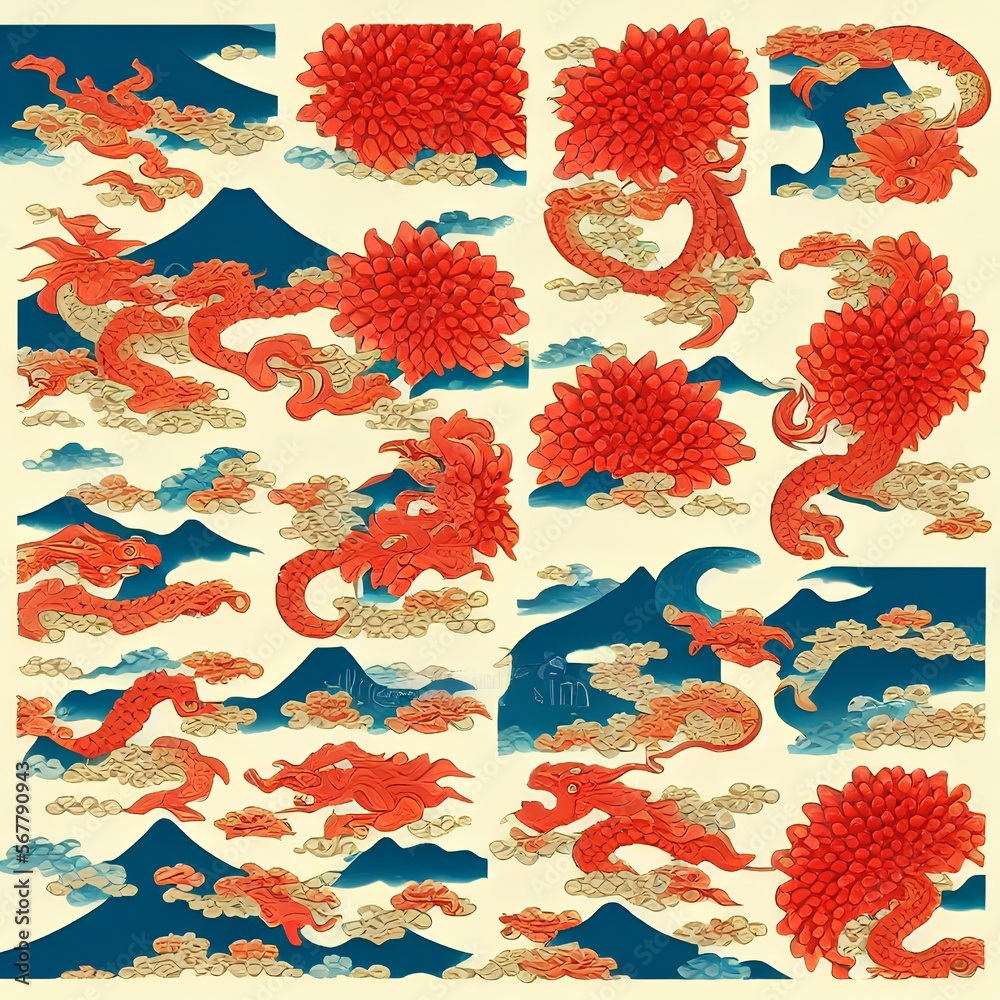 Japanese traditional colorful elements set with dragon samurai katanas ...