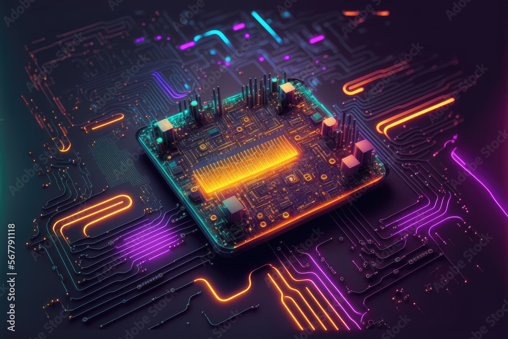 Computer microchip semiconductor on motherboard futuristic cyber neon ...