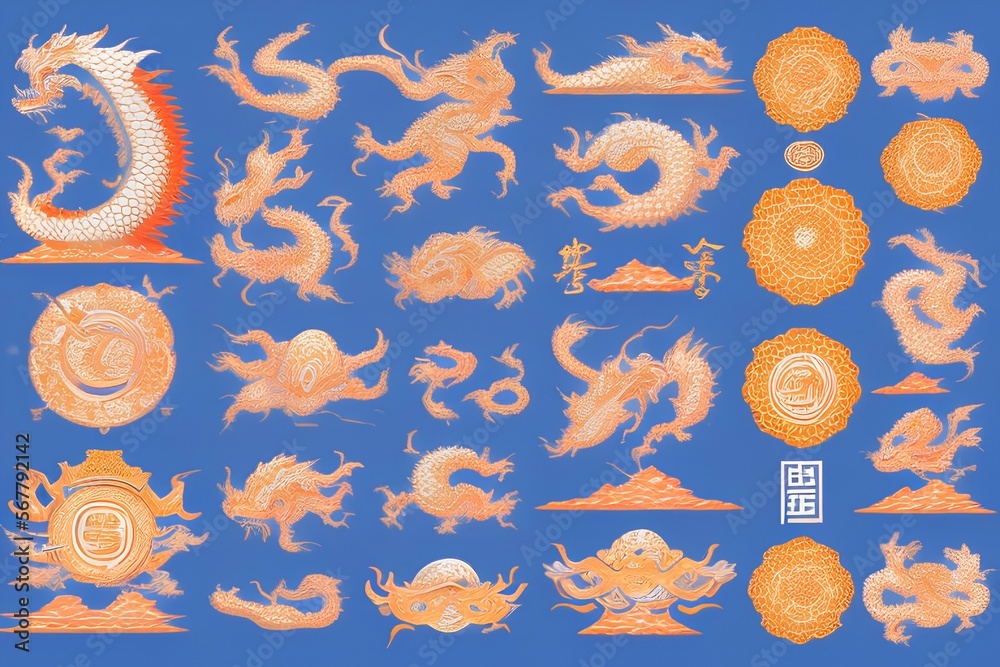 Japanese traditional colorful elements set with dragon samurai katanas ...