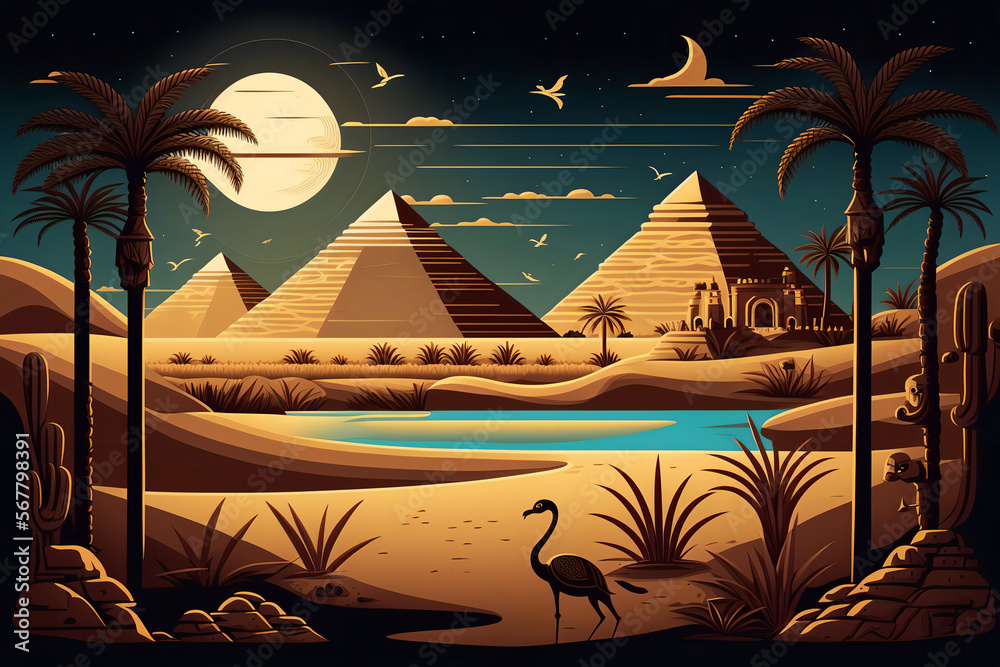 Ancient egypt civilization, Egyptian desert with river and pyramids at ...