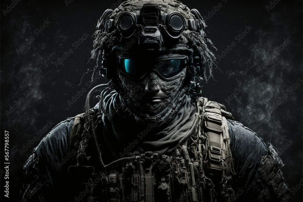 Fully equipped, black ops soldiers in camouflage uniforms. Created with ...