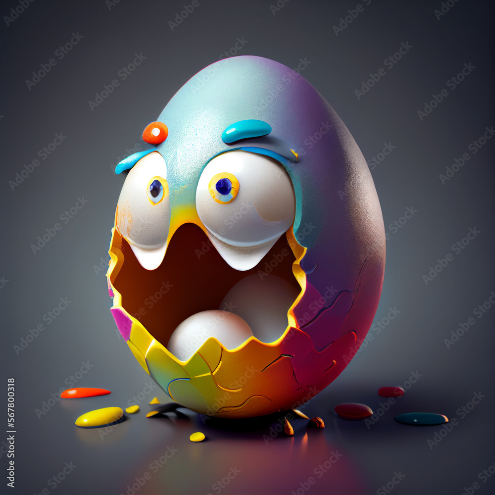 Cute 3D cartoon cracked egg character with a hungry expression ...