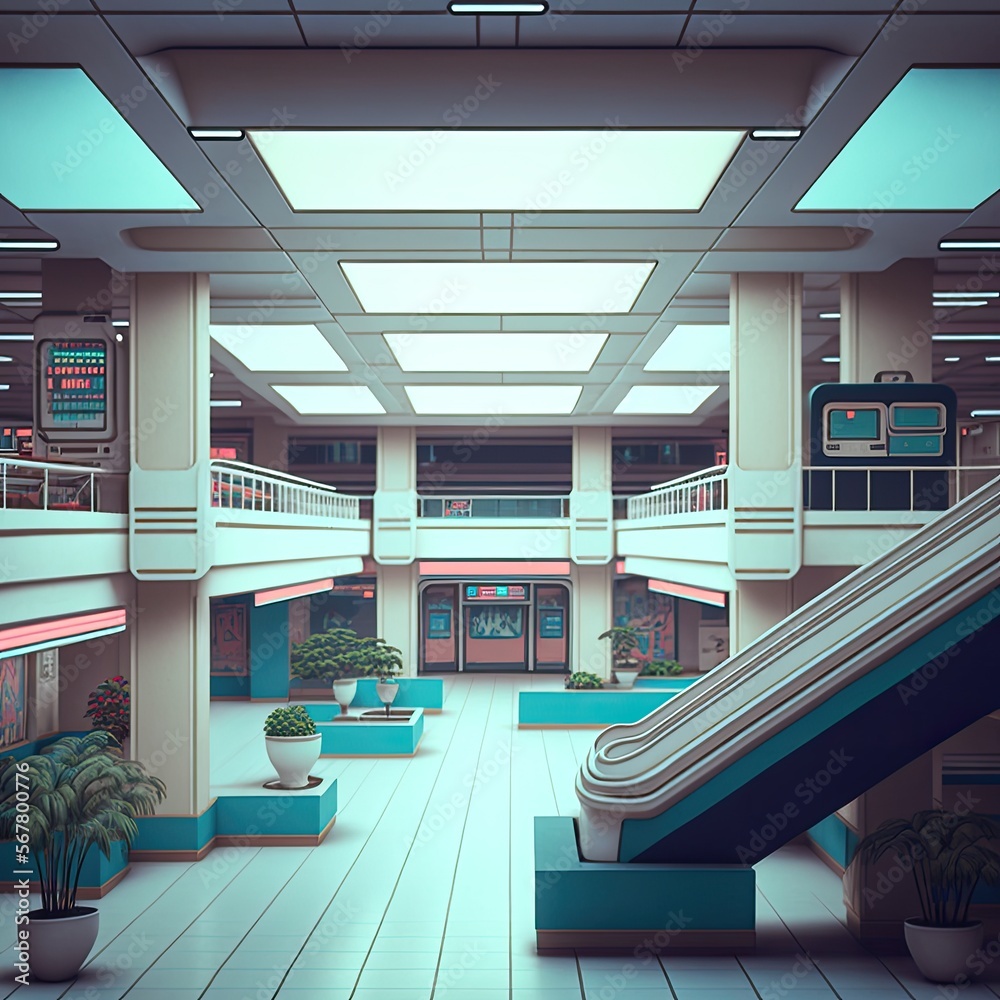 90s shopping mall liminal space. Generative AI. Stock Illustration ...
