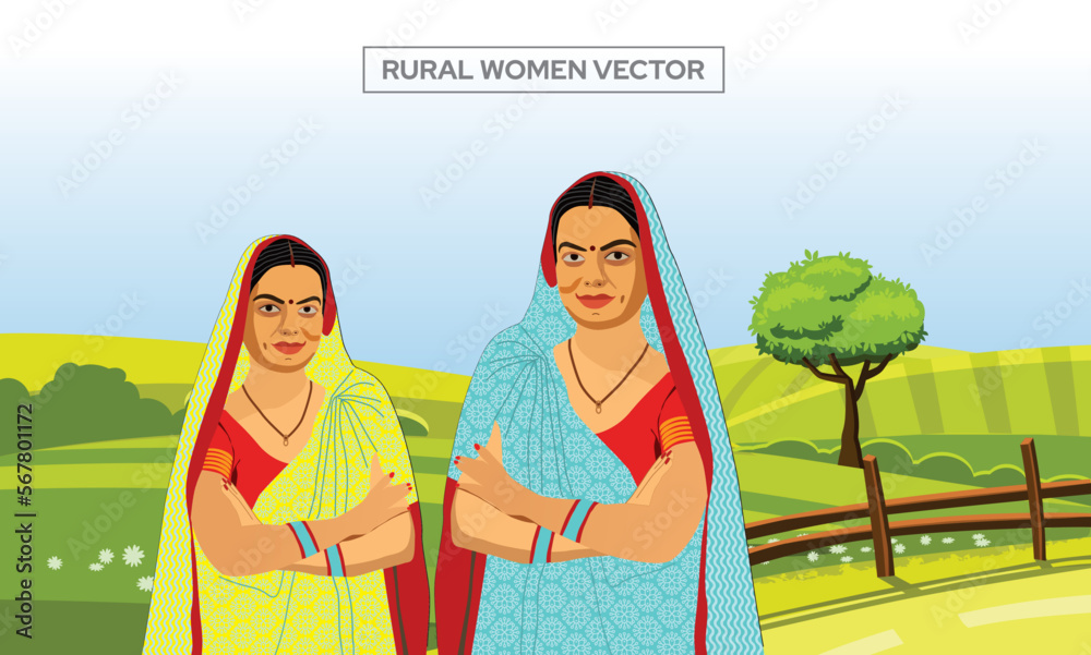 Illustration of Indian rural woman wearing a saree in the green field ...